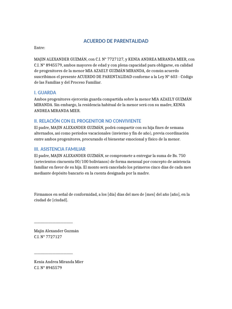 Acuerdo Parentalidad Guzman Miranda | PDF