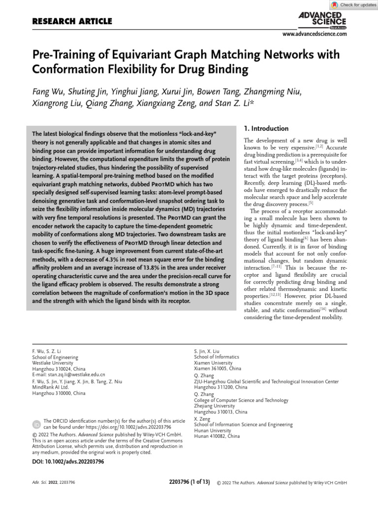 Advanced Science - 2022 - Wu - Pre Training of Equivariant Graph Matching Networks With ...