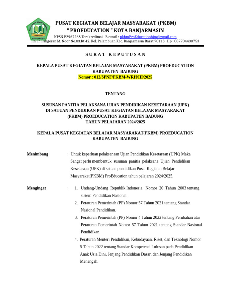 SK Tentang Panitia Upk 2025 | PDF