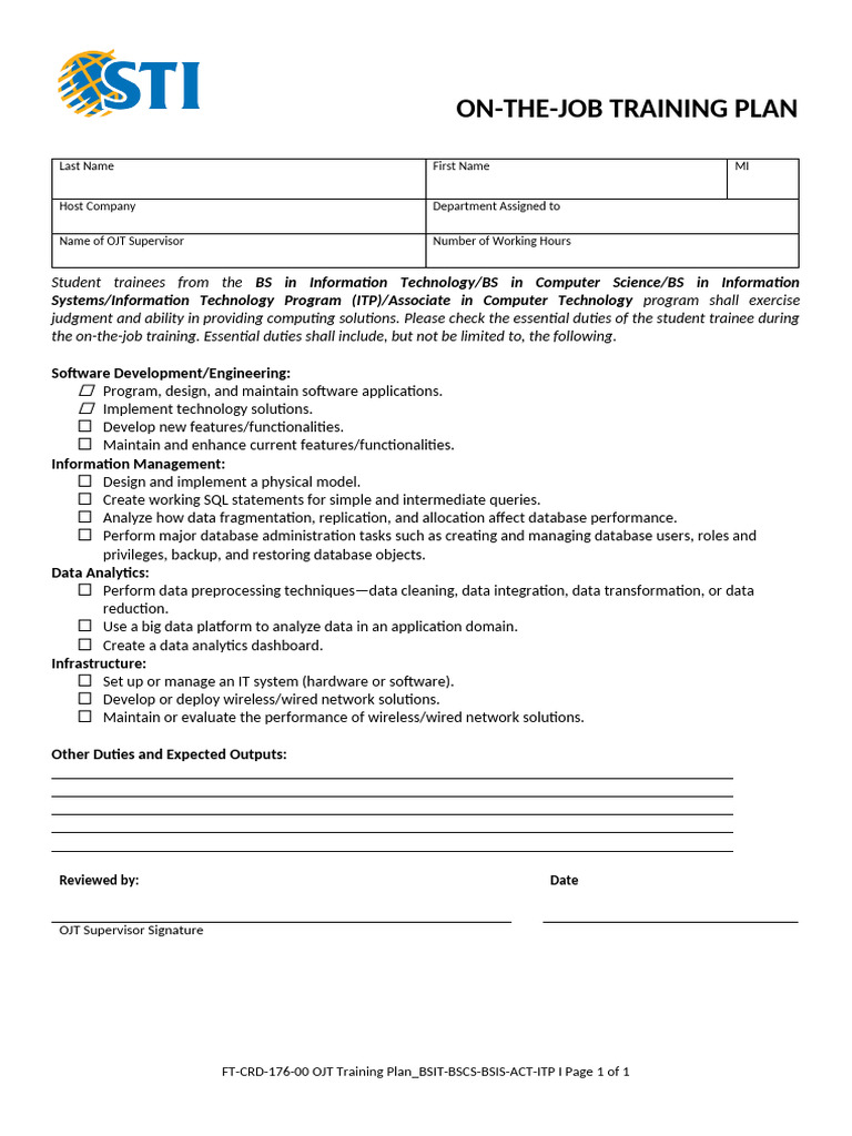 FT CRD 176 00 OJT Training Plan - BSIT BSCS BSIS ACT ITP | PDF ...