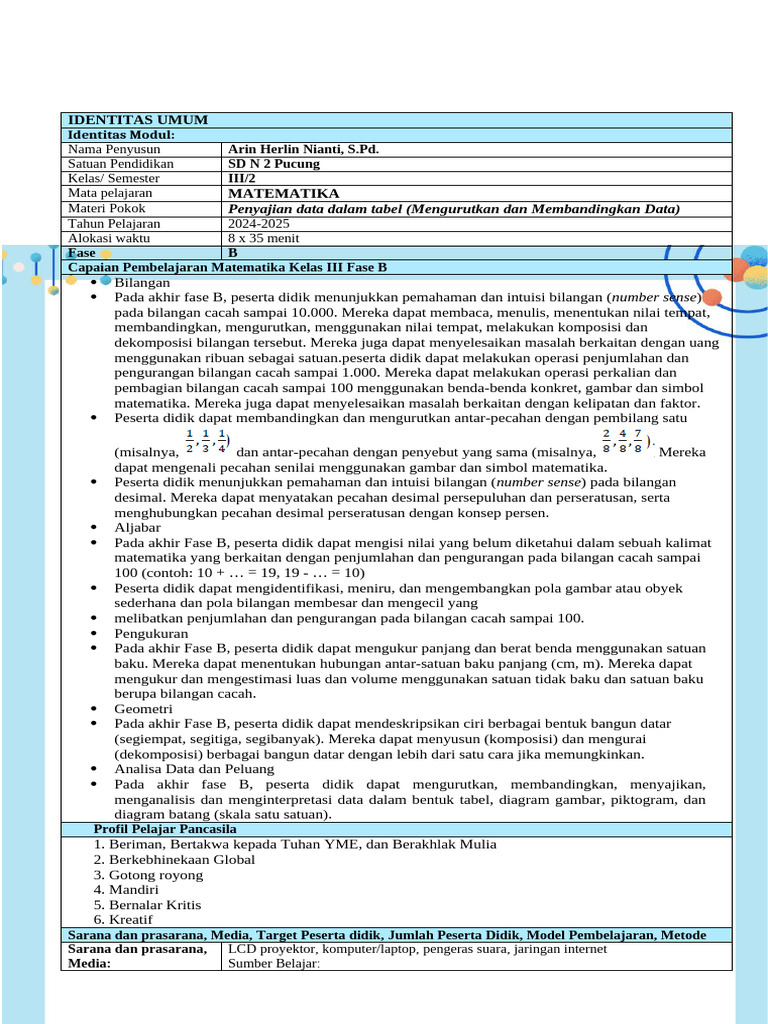 Modul Ajar Matematika Penyajian Data Mengurutkan Membandingkan Kls 3 | PDF