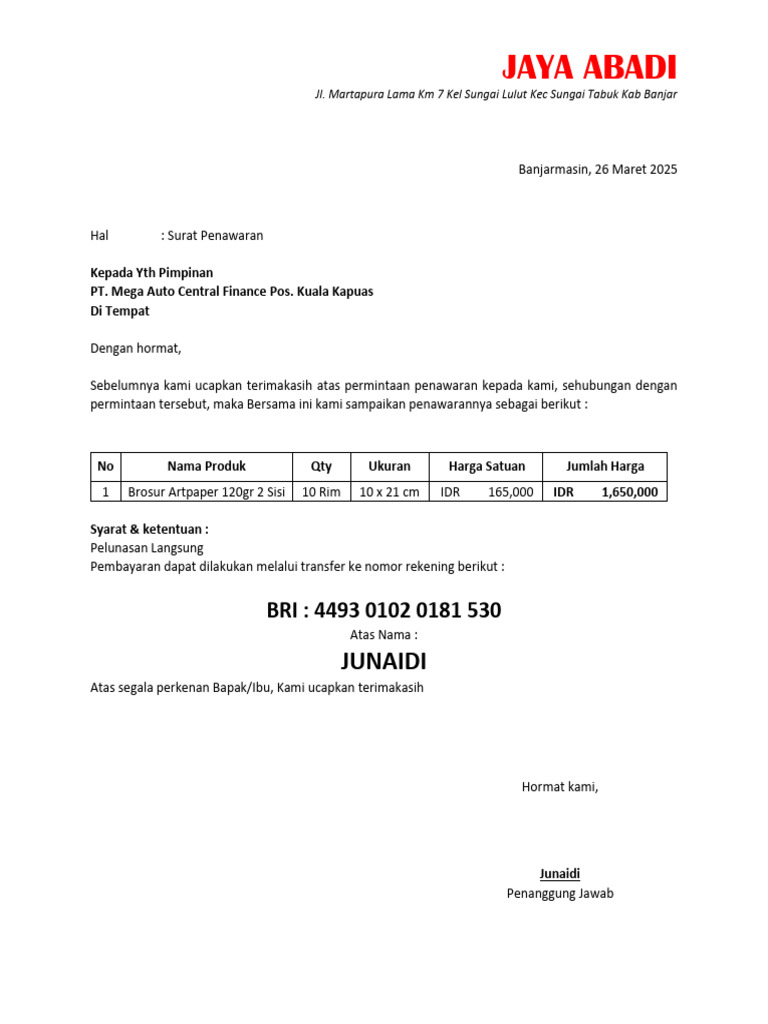 Surat Penawaran Brosur MACF kps 10 rim | PDF