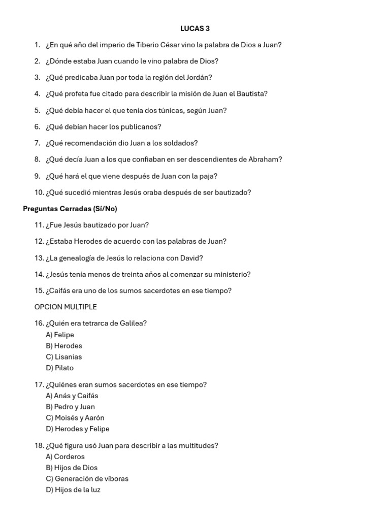 Preguntas Lucas 3 | PDF | Jesús | Apocalípticos