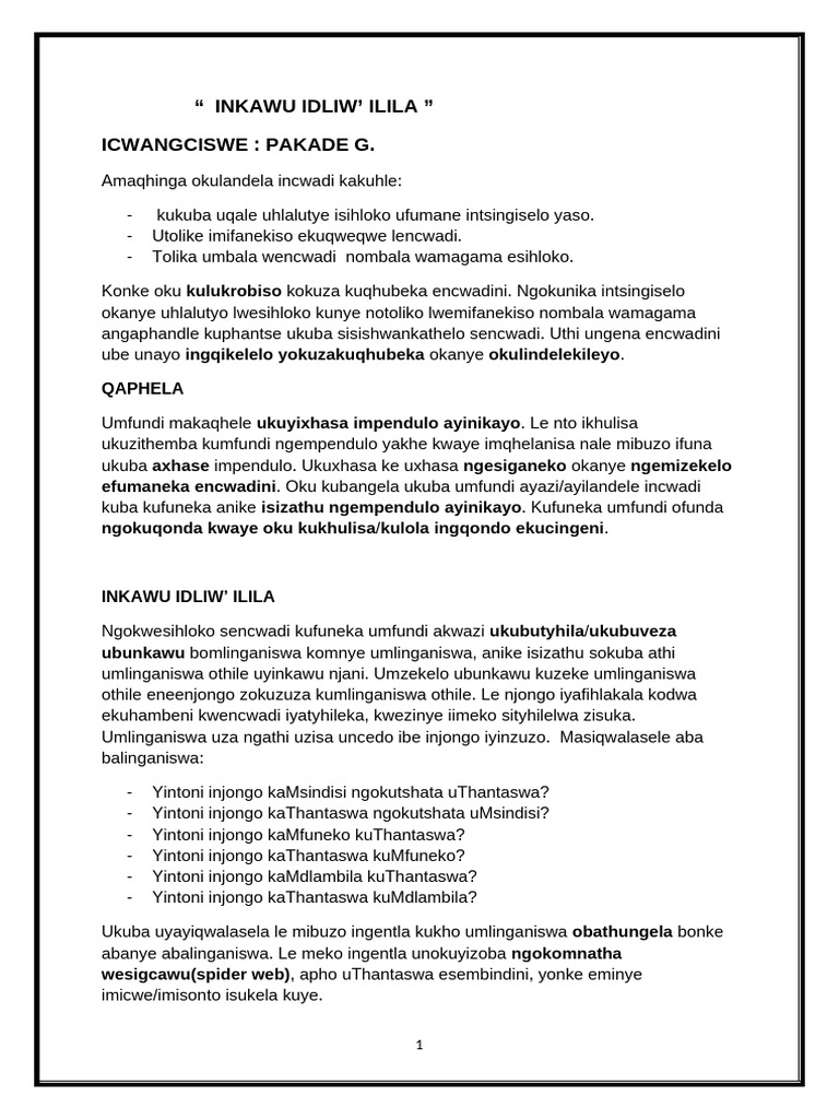 Umlinganiswa noThantaswa kwi "Inkawu Idliw' Ilila" | PDF
