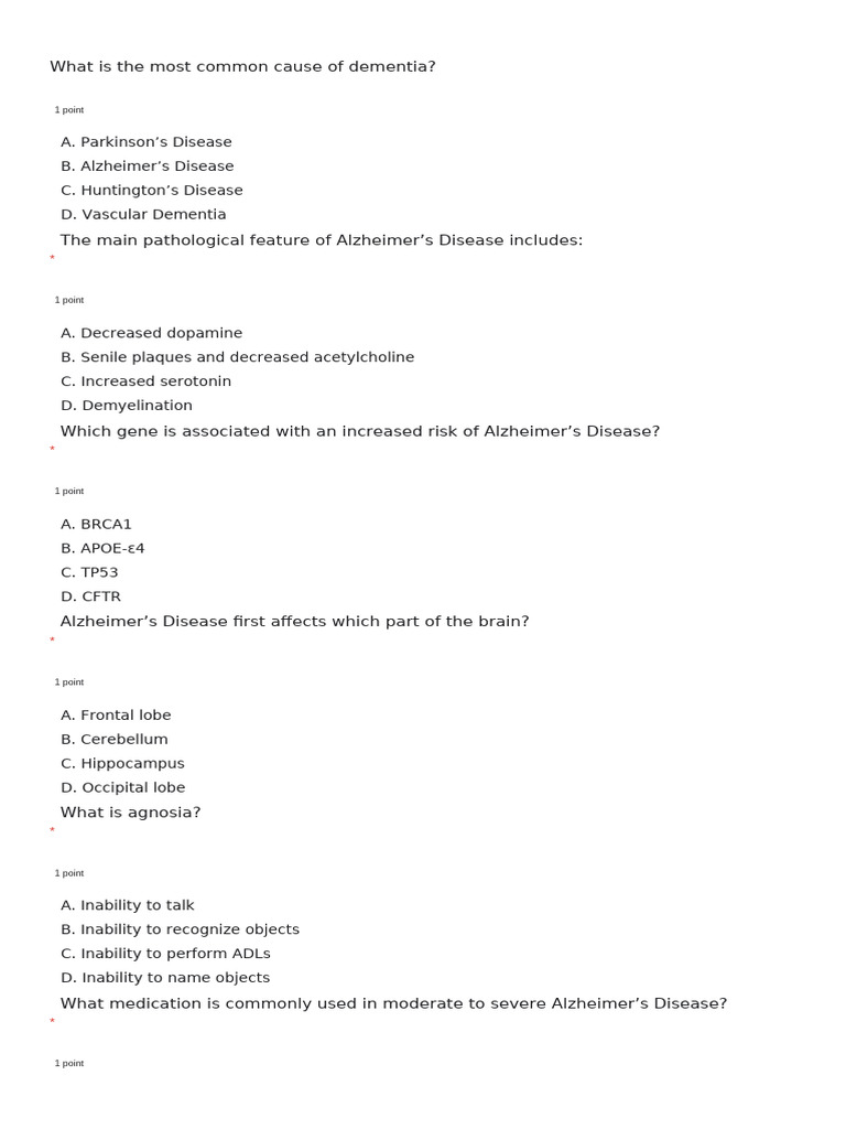 Alzheimers Disease Quiz | PDF | Alzheimer's Disease | Dementia