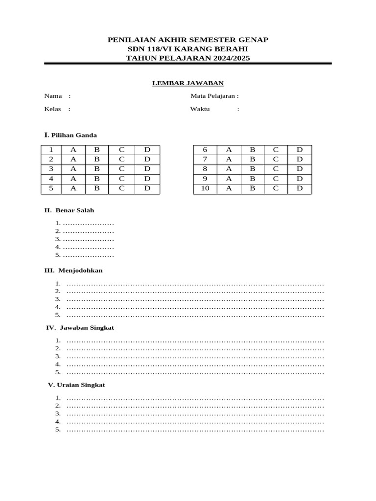 Lembar Jawaban PILGAN 10 | PDF