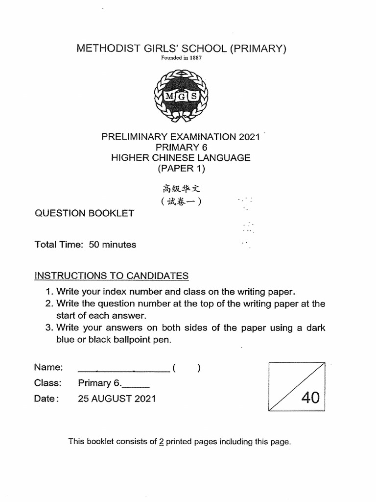 P6 HChinese Prelim 2021 MGS Exam Papers | PDF