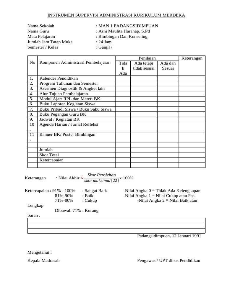 Instrumen BK Supervisi Administrasi Kurikulum Merdeka | PDF