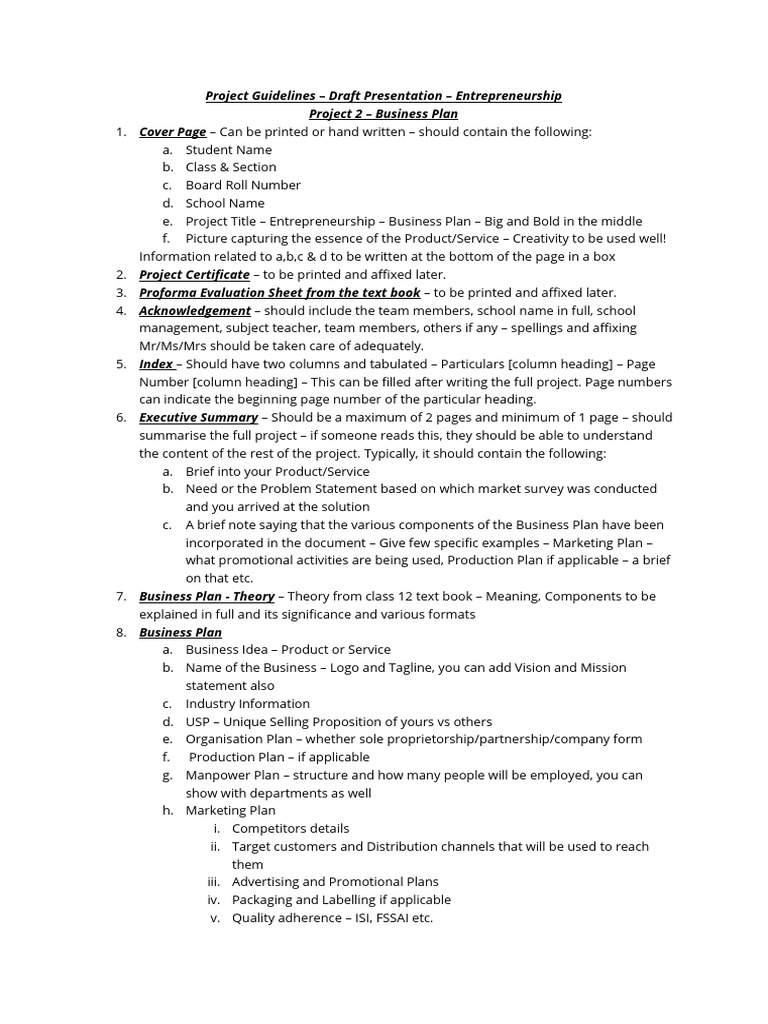 Project Guideline Business Plan - Class 12 Entrepreneurship CBSE | PDF ...