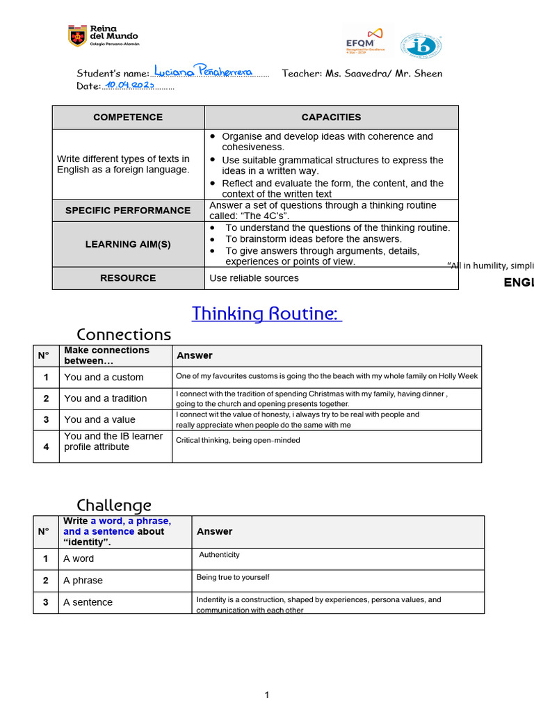 Class 1 - Think. Routine-The 4C - S | PDF | Thought | Critical Thinking