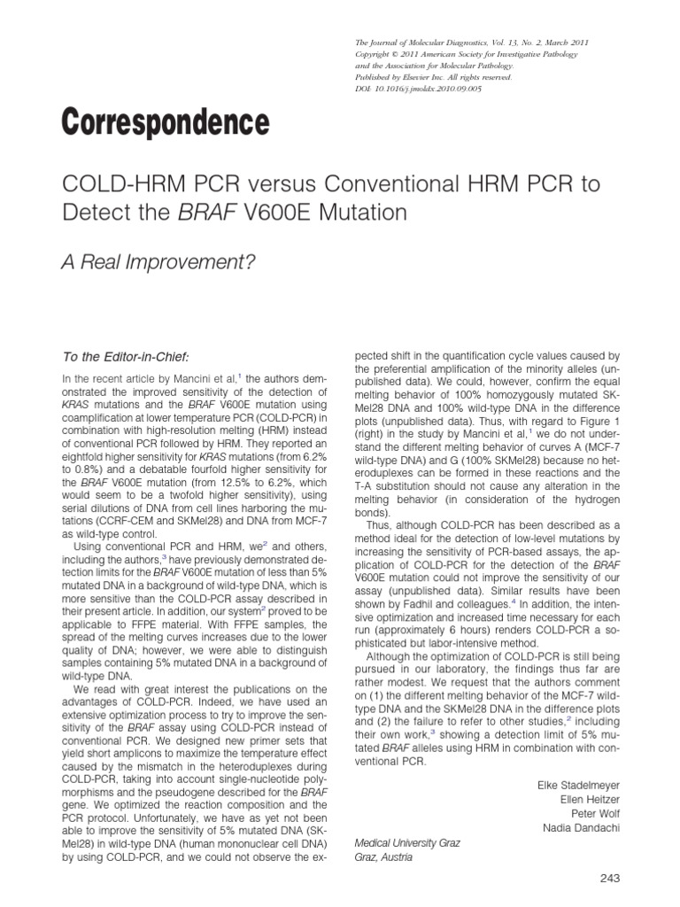 COLD-HRM PCR Versus Conventional HRM PCR To Detect The BRAF V600E Mutation A Real Improvement ...