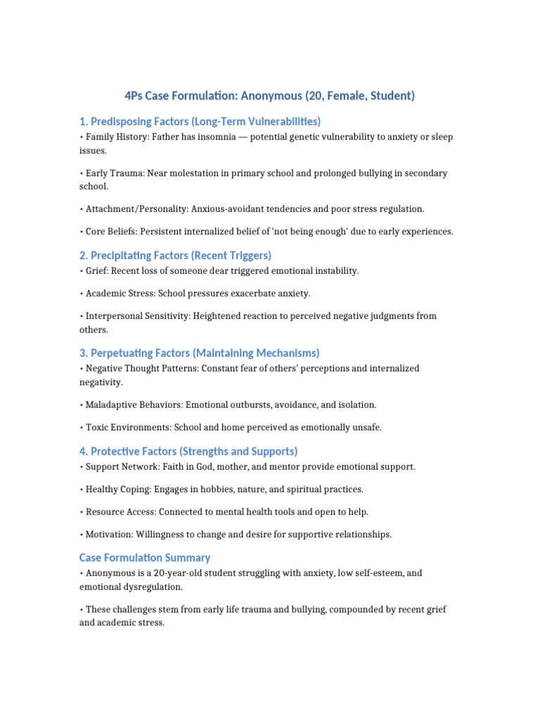 Case Formulation: Anxiety and Resilience | PDF