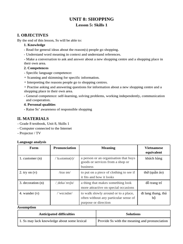 Huỳnh Thị Kim Liên - NVSPTA.THCS.K2.2023 - Lesson plan U8 G8 Global Success | PDF | Vocabulary ...