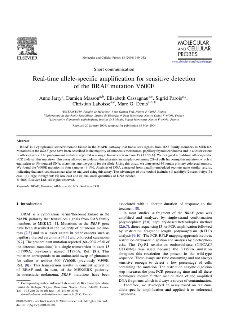Real-Time Allele-Specific Amplification For Sensitive Detection of The BRAF Mutation V600E | PDF ...