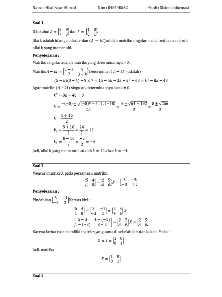 Tugas1 - ALJABAR LINEAR ELEMENTER 1 | PDF