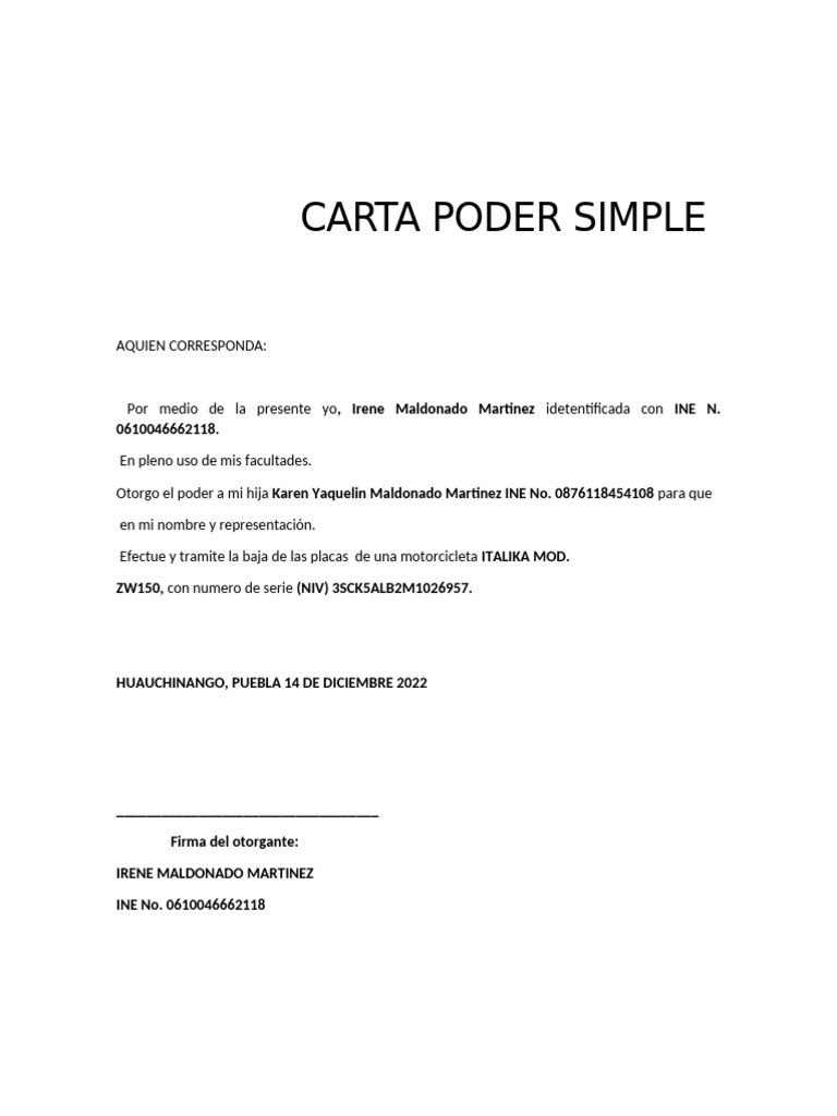 Ejemplo de Carta Poder Simple | PDF