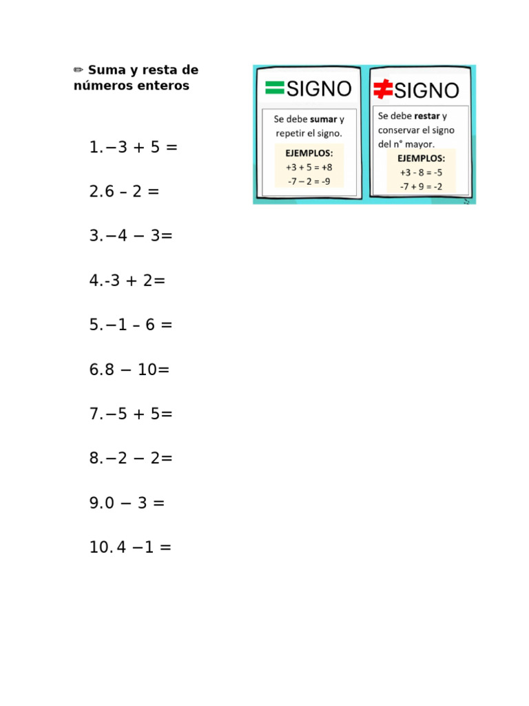 Suma y Resta N° Enteros | PDF