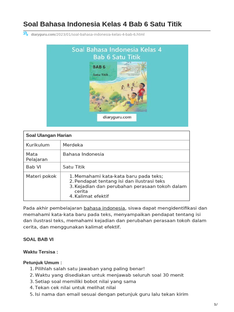Soal Bahasa Indonesia Kelas 4 Bab 6 Satu Titik | PDF