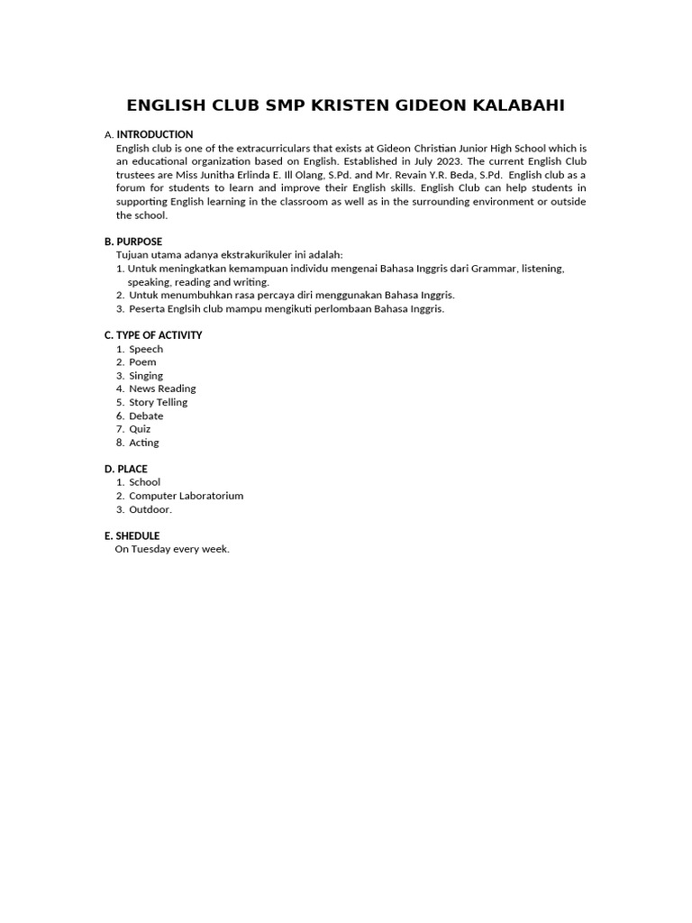 English Club SMP Kristen Gideon Kalabahi | PDF