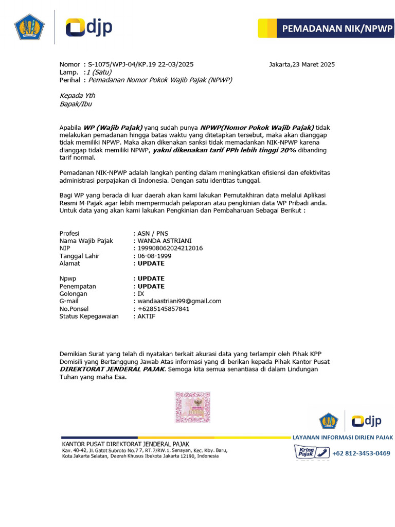 Pemadanan NPWP dan NIK Wajib Pajak | PDF