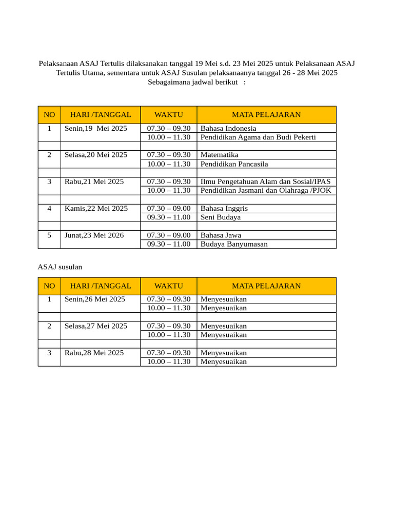 Jadwal Asaj Tahun Pelajaran 2024-2025 | PDF