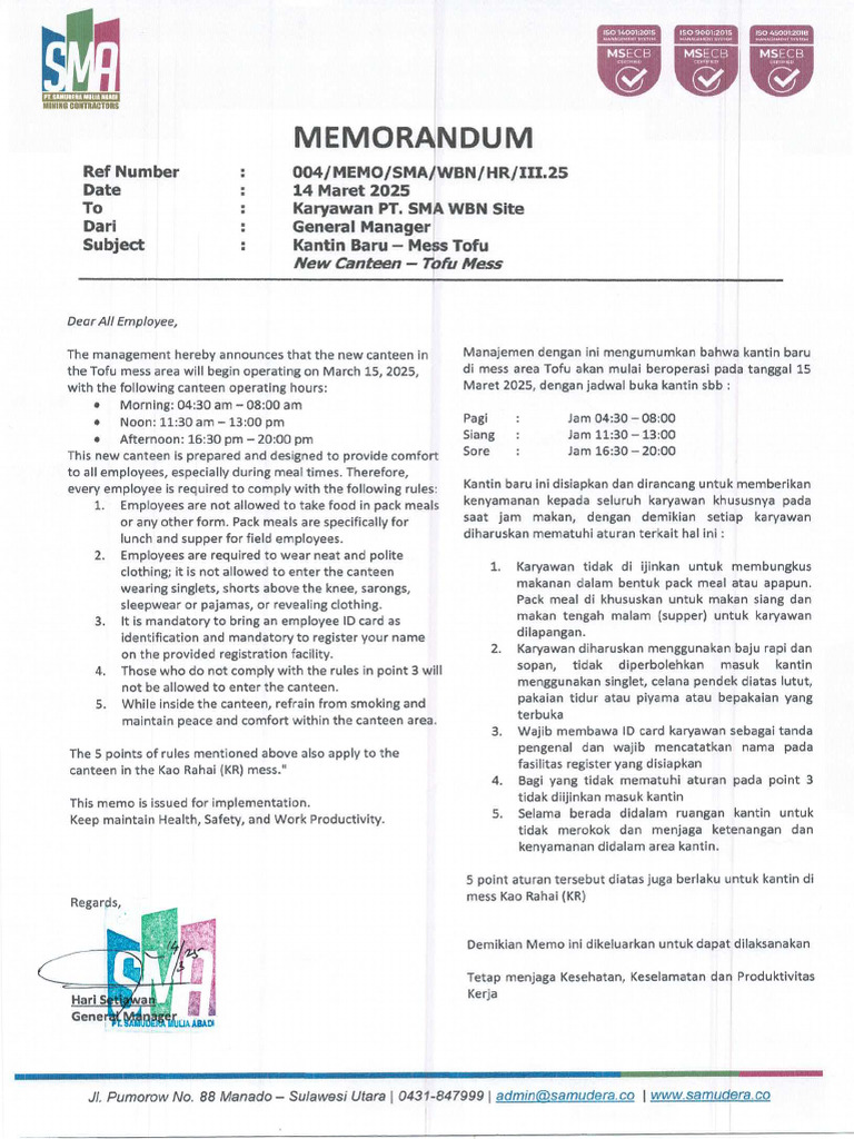 004 - Memorandum - Kantin Baru Mess Tofu | PDF