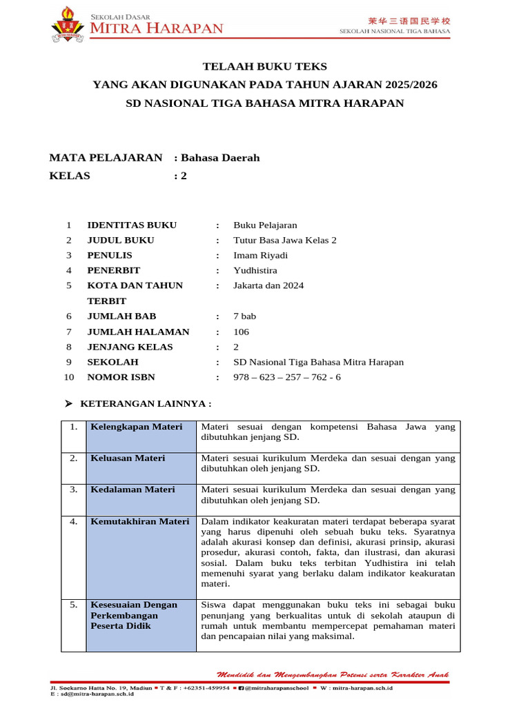 Telaah Buku Teks SD Bahasa Daerah Kelas 2 | PDF