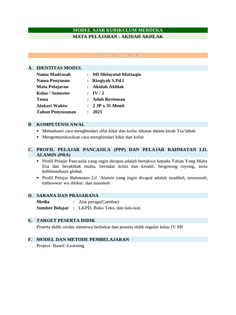 Modul Akidah Akhlak Kelas 4 Bab 6 | PDF