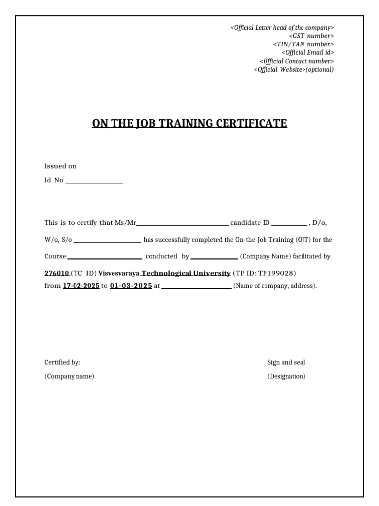 On The Job Training (OJT) Certificate Template | PDF