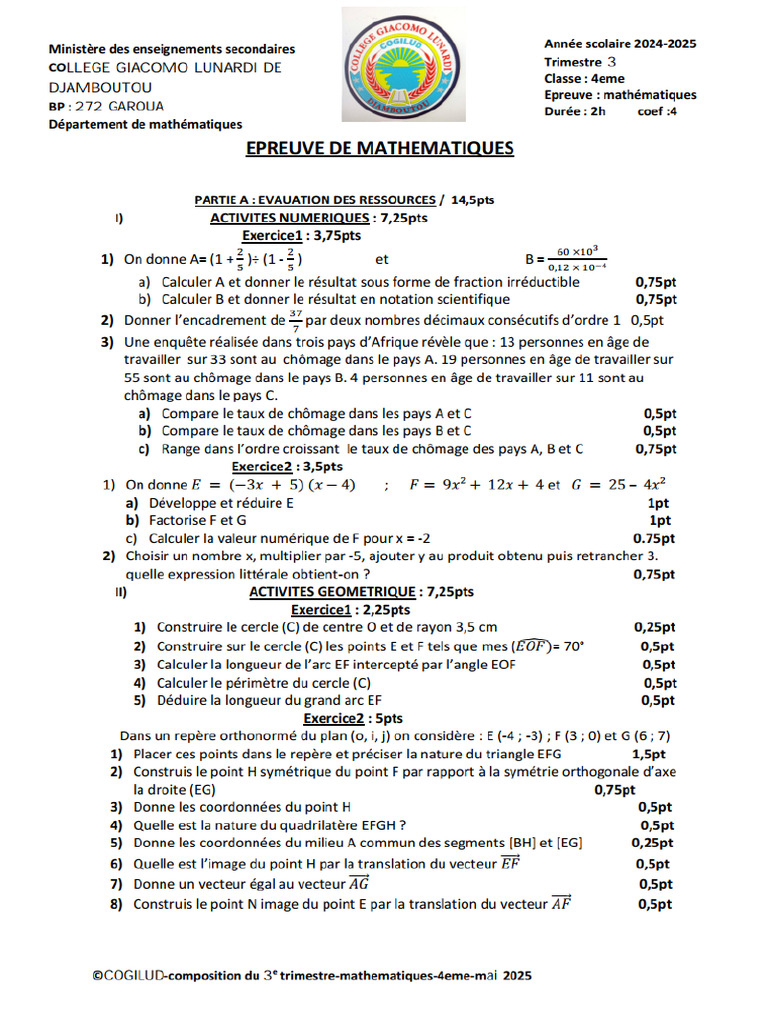 Maths 4eme mai 2025 | PDF