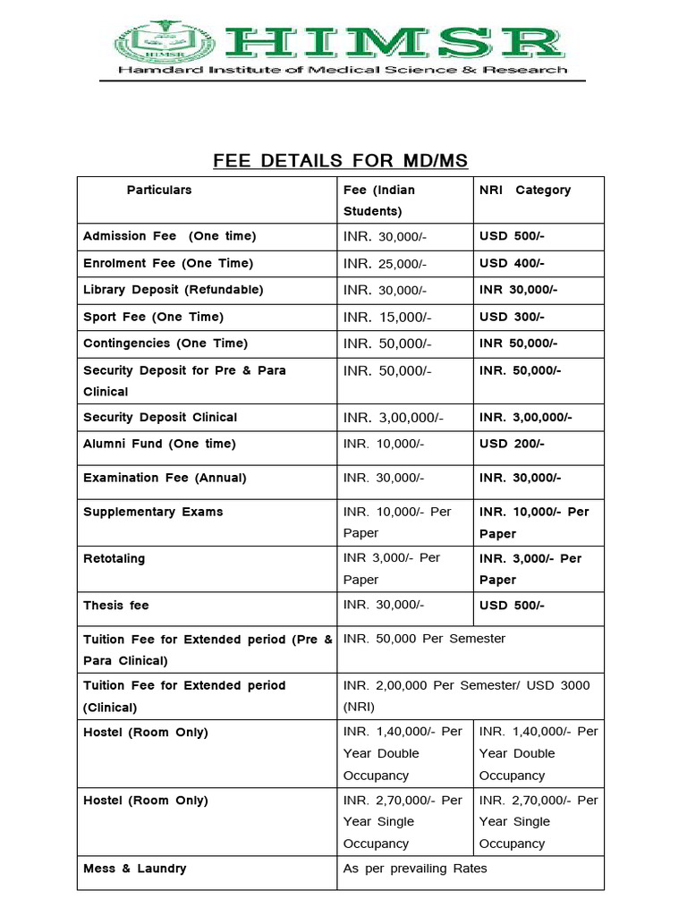 PG Fee Details | PDF | Doctor Of Medicine | Fee