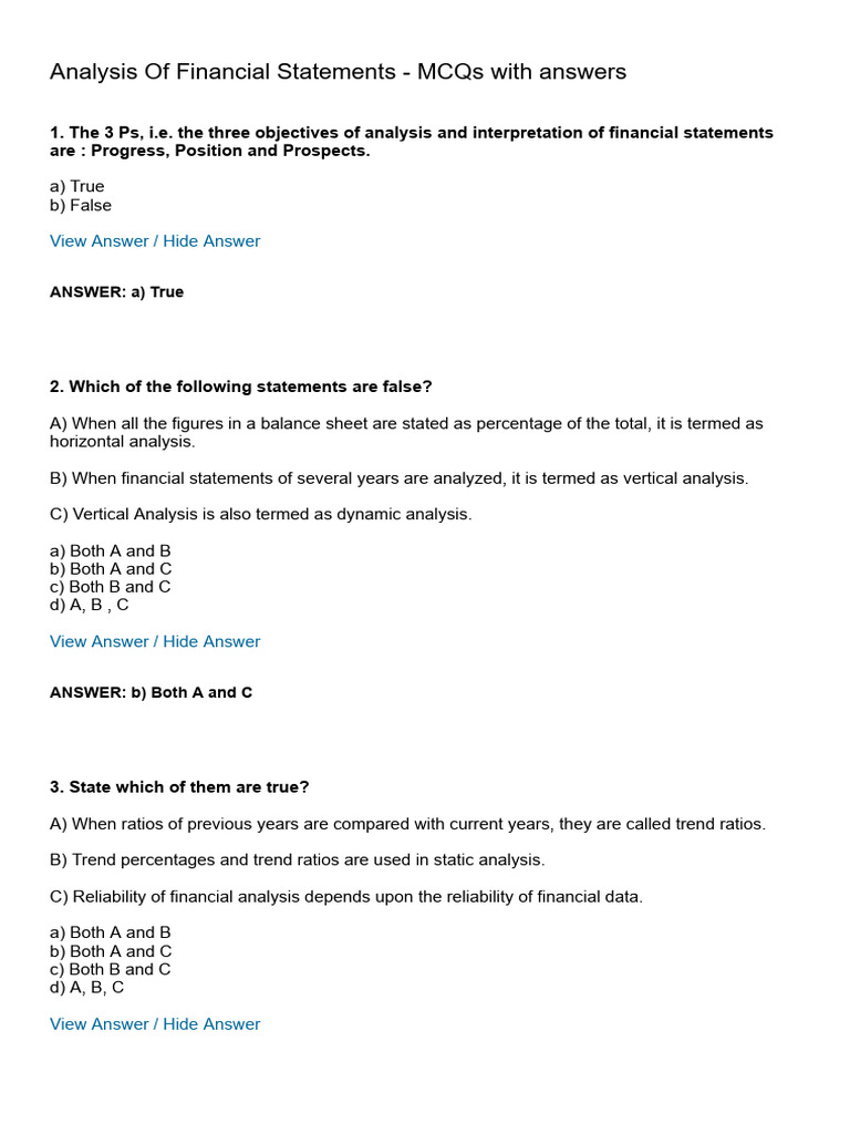 Analysis of Financial Statements - MCQs With Answers | PDF | Income Statement
