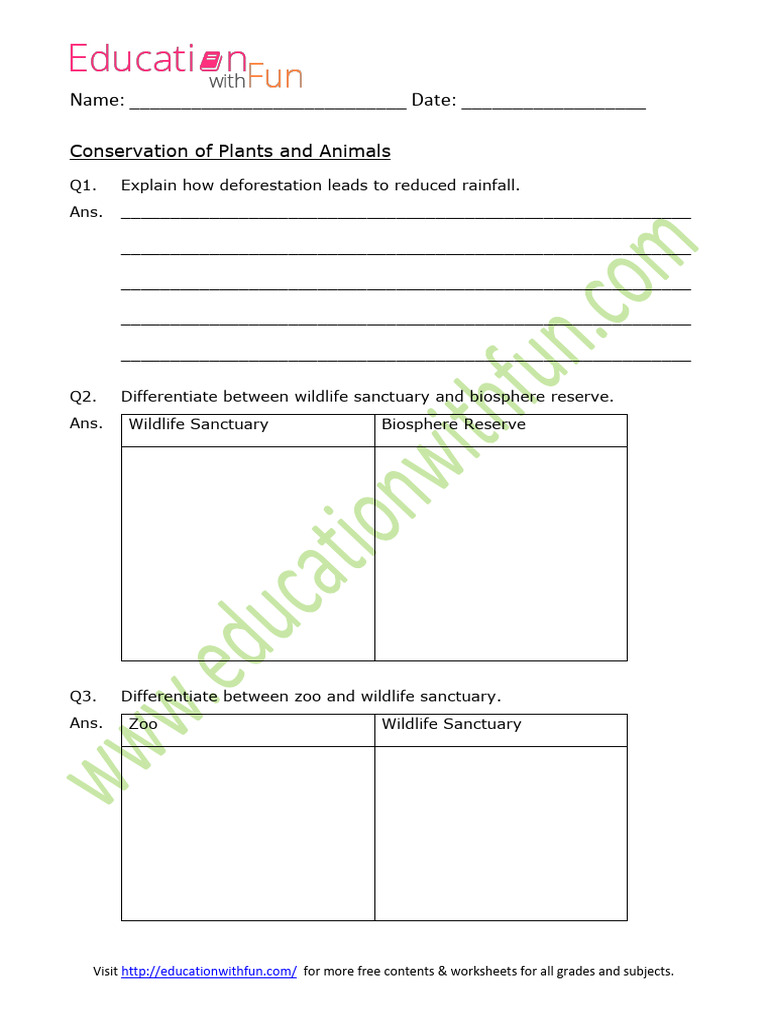 Conservation of Plants and Animals Worksheet 8 | PDF | Natural ...