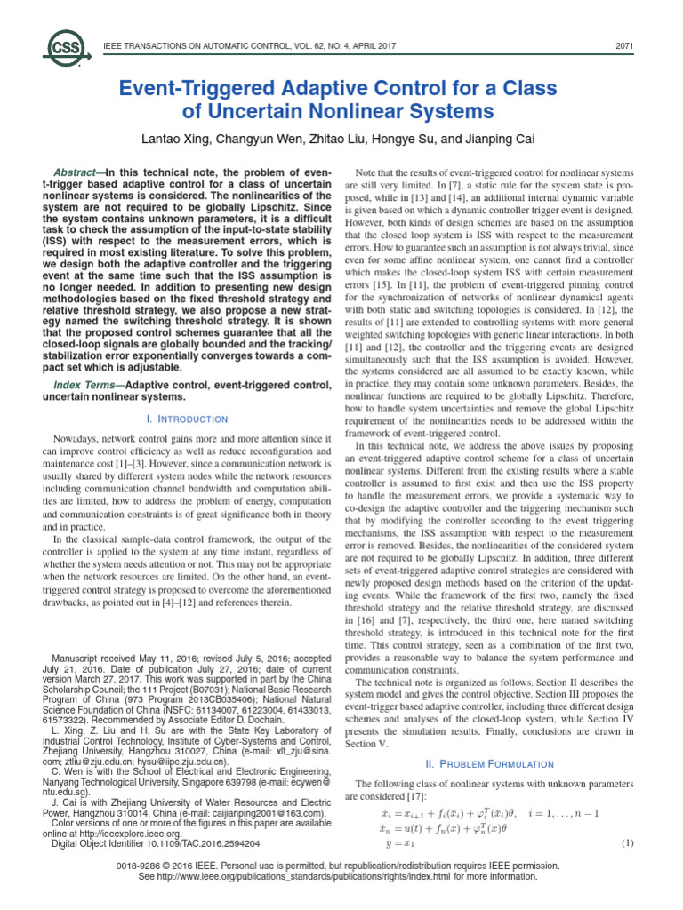 2017 Event-Triggered Adaptive Control For A Class of Uncertain ...