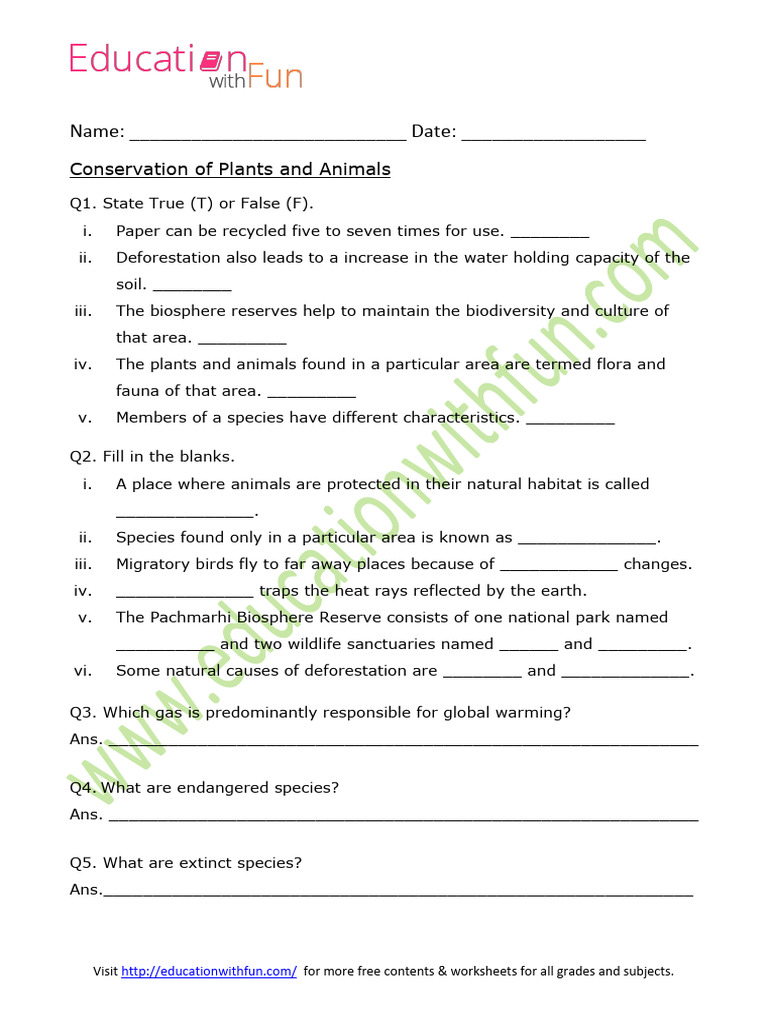 Conservation of Plants and Animals Worksheet 1 | PDF | Conservation ...