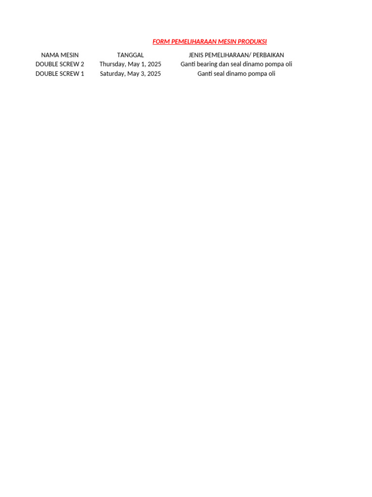 Form Pemeliharaan Mesin Produksi | PDF