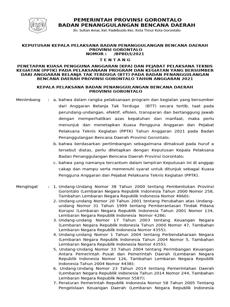 Sk Kpa Dan Pptk Dana Btt 2021 | PDF