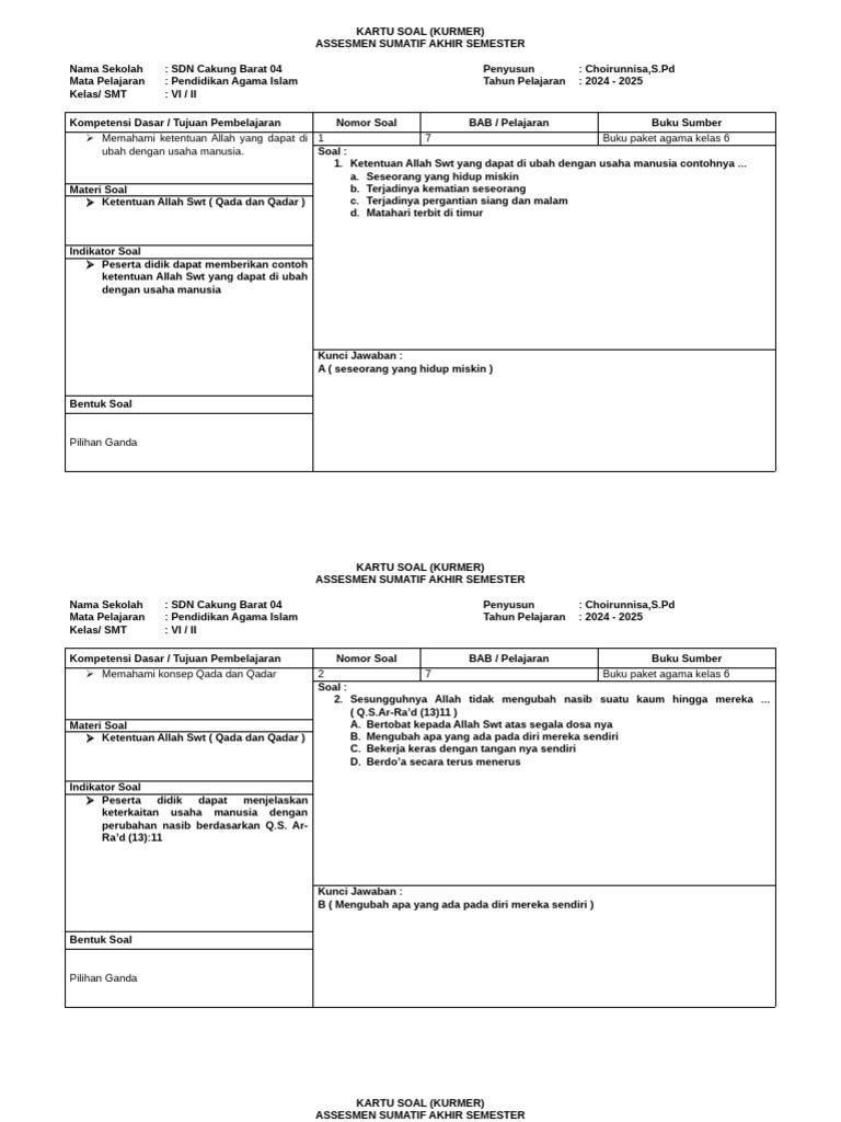 SDN Cakung Barat 04 - Bab 7 - Kartu Soal - Kurmer | PDF