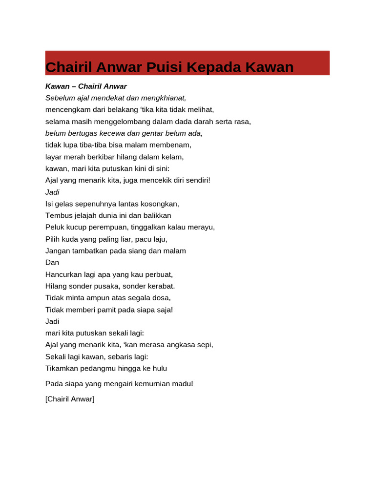 Chairil Anwar Puisi Kepada Kawan | PDF