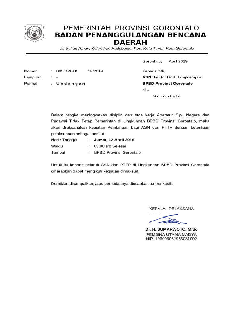 Undangan Pembinaan Asn Di Lingkungan BPBD | PDF