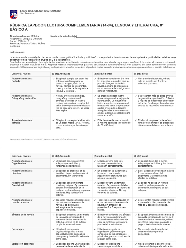 Rubrica Lapbook Lectura Complementaria 14 04 Lengua y Literatura 8 Basico A 5839188 | PDF ...