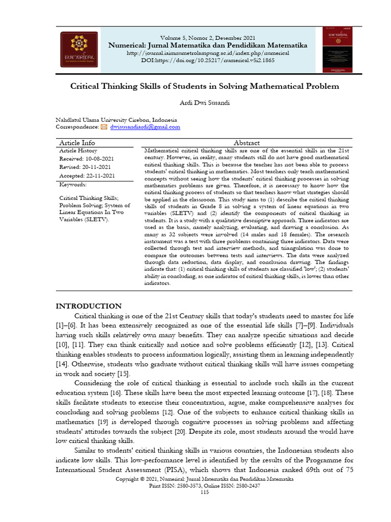 21. Critical Thinking Skills of Students in Solving Mathematical Problem | PDF | Critical ...