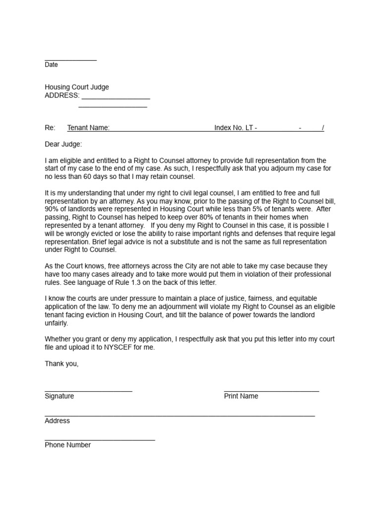 RTC Sample Adjournment Letter FINAL | PDF | Right To Counsel | Lawyer