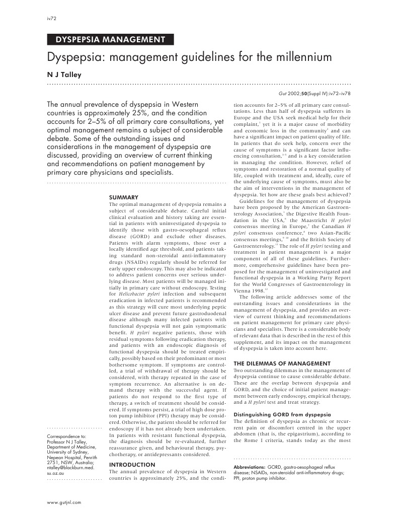 Dyspepsia Management Guidelines For The Millennium | PDF | Indigestion | Peptic Ulcer