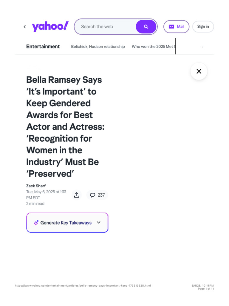 Bella Ramsey Says It's Important' To Keep Gendered Awards For Best Actor and Ac | PDF