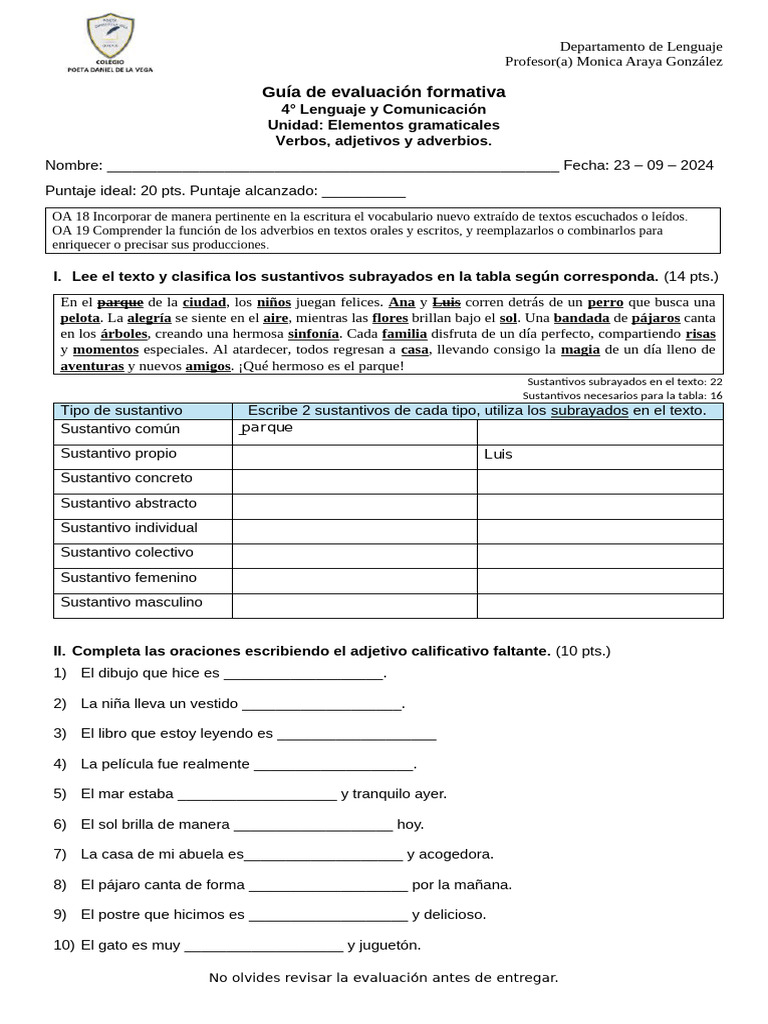 Sustantivos, Adjetivos y Adverbios Ejercitación | PDF | Sustantivo ...