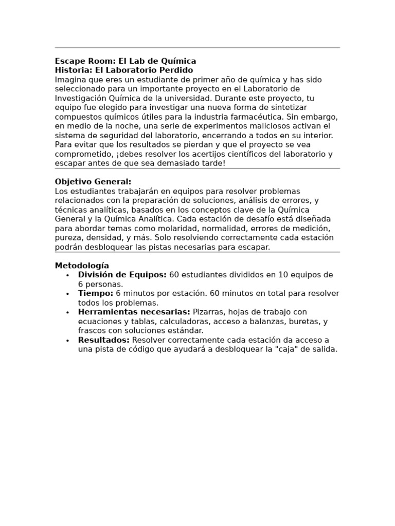 Escape Room - Juego | PDF | Laboratorios | Concentración