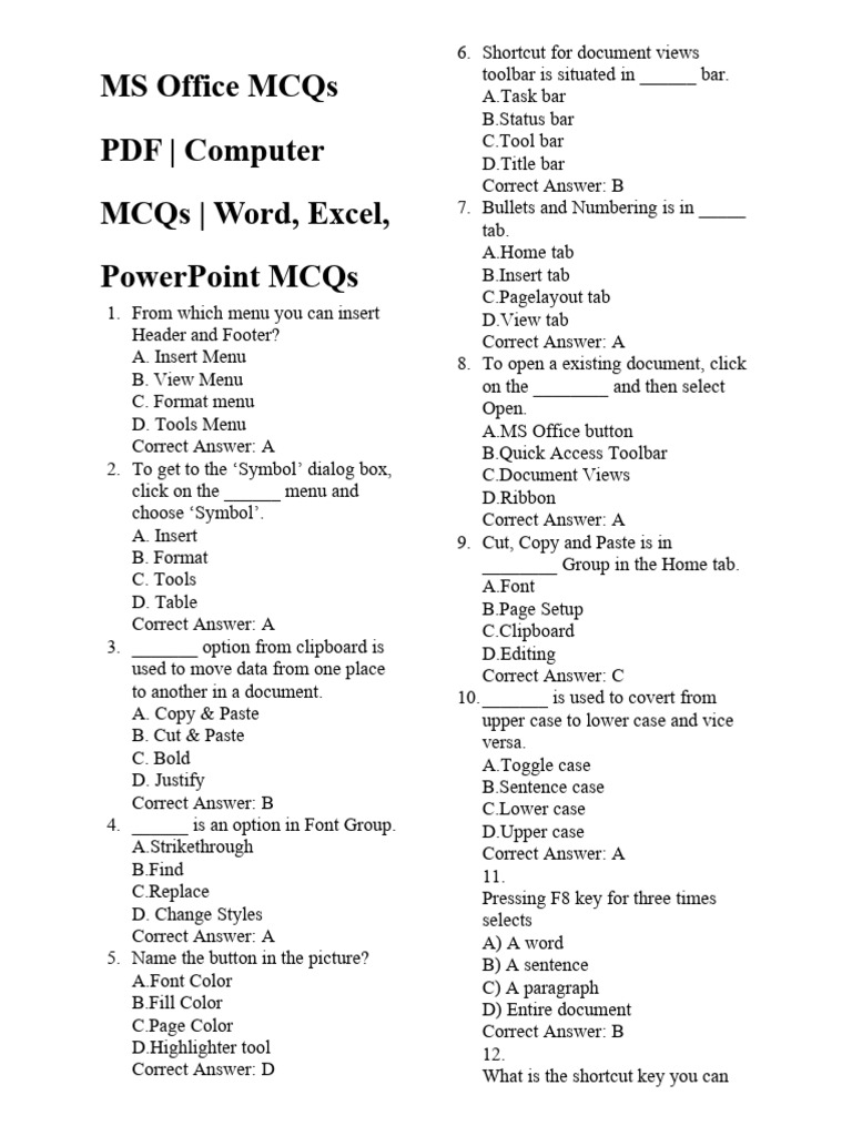 CSC 102 Ms Office Mcqs PDF | PDF | Microsoft Excel | Microsoft Word