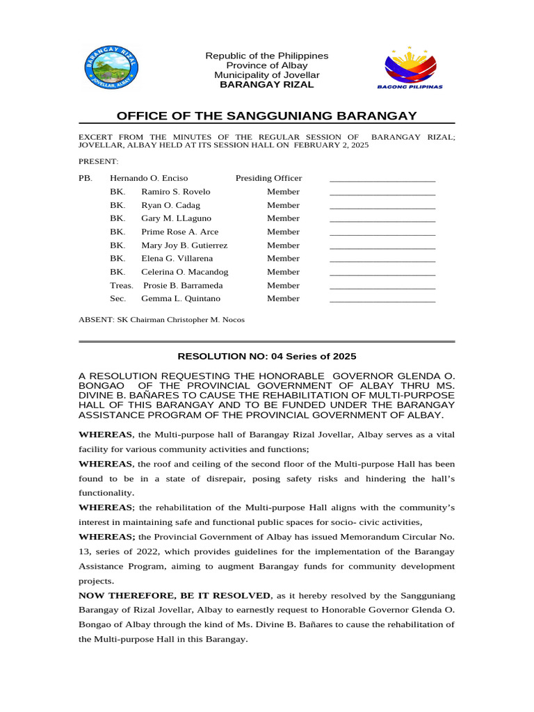 Barangay Rizal Resolution for Hall Rehab | PDF