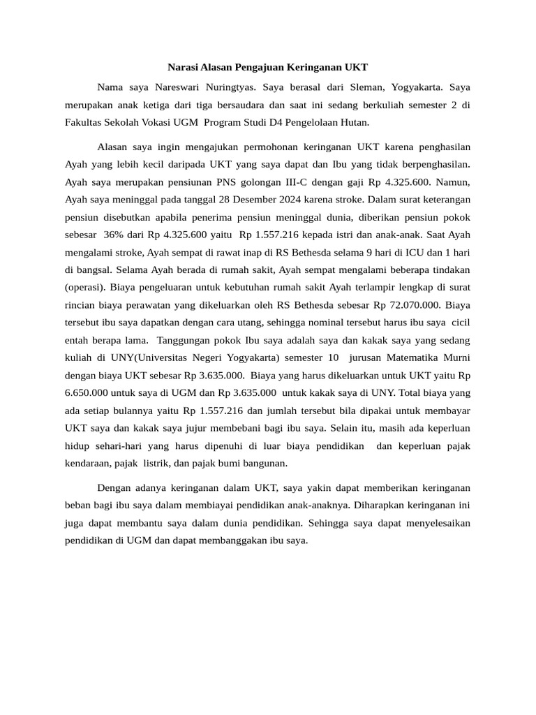 Narasi Alasan Pengajuan Keringanan UKT | PDF